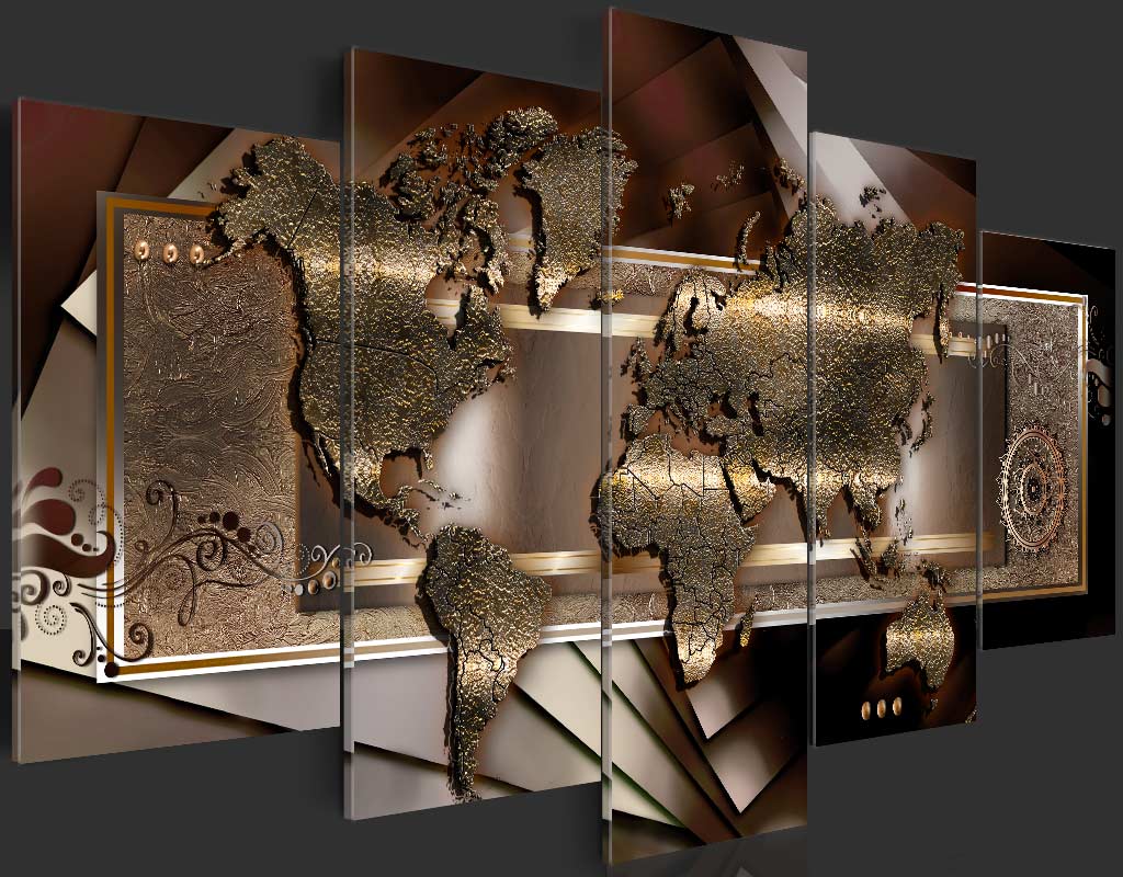 GOLD WORLD MAP ABSTRACT Non-woven Canvas Wall Art Image Photo Print k-A ...